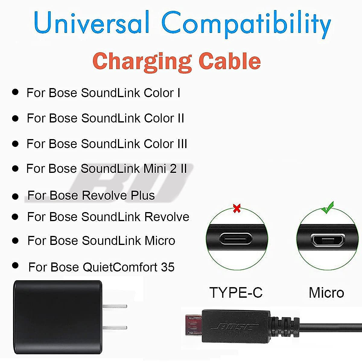 Replacement Charger Cable for Bose SoundLink Color I, II, III, SoundLink Mini 2 II/Revolve Plus, Bose SoundLink Revolve, QuietComfort 35 II Bluetooth Speaker Charging Power Supply Cord (3.3FT), Black