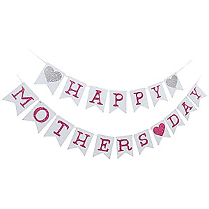 ABOOFAN Happy Mothers Day Banner Mothers Day Bunting Garland with Glitter Hearts Design for Mother’s Day Party Decoration Supplies