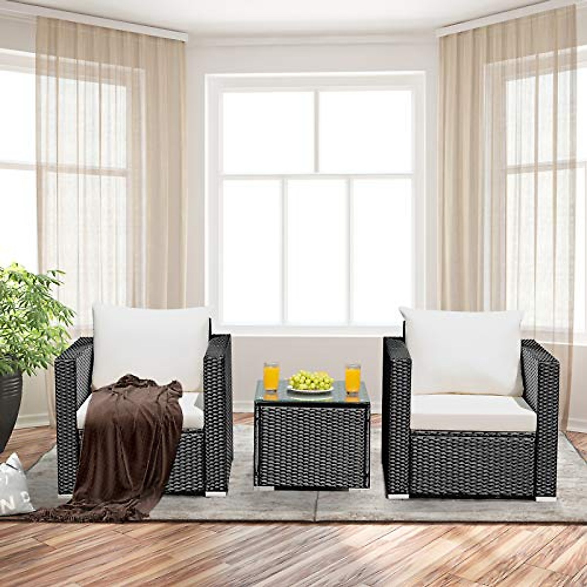 Tangkula 3 Pieces Patio Furniture Set, PE Rattan Wicker Sofa Set w/Washable Cushion and Tempered Glass Tabletop, Outdoor Conversation Furniture for Garden Poolside