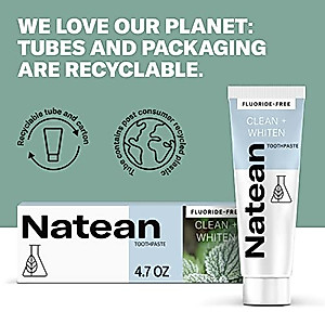 Natean Clean + Whiten Fluoride Free Whitening Toothpaste, Clean Mint - 4.7 Oz Tube