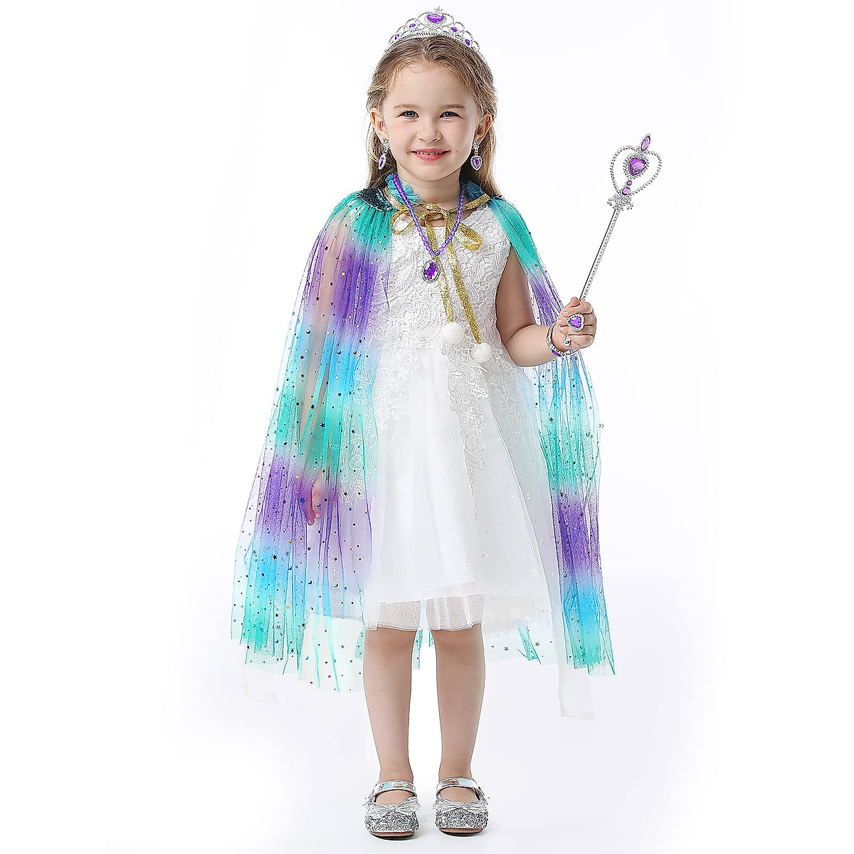 Fedio Princess Cape Set 7 Pieces Girls Princess Cloak with Tiara Crown, Wand for Little Girls Dress up (Multi-color)