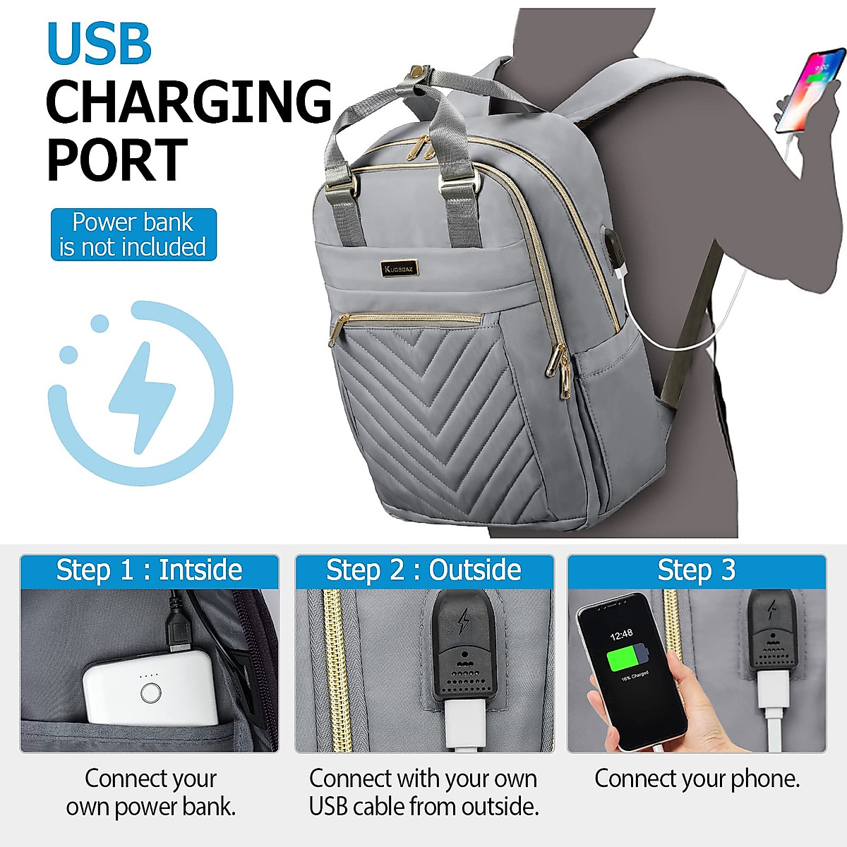 Travel Backpack for Women, 17.3 Inch Quilted School Laptop Bag, Large Back Pack Purse with USB Port, Work Business Teacher Computer Bag College Bookbags Casual Daypacks, Gray