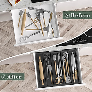 Kitchen Utensil Organizer Silverware Tray - Bamboo Flatware Organizer Expandable 5 Slots Multipurpose Silverware Organizer for Office Storage Garage Organization W13.7"-19.9" x L17.6" X H2.5" (Black)