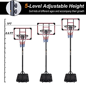 HooKung Portable Basketball Hoops Height Adjustable 5.6ft -7ft Basketball System 28 Inch Backboard with Wheels for Teenagers Youth Indoor Outdoor Use, red