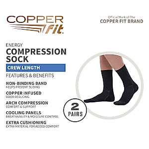 Copper Fit womens Copper Fit Energy Copper Infused Crew Socks, Black, Small-Medium US
