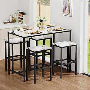 Aklaus 5 Piece Bar Table Set Kitchen Dining Table Set for 4 Modern Counter Height Bar Table with Bar Stools Set of 4 Faux Marble Top Pub Table and Stools for Dining Room Breakfast Nook Home Bar