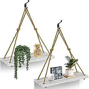 Wood Rope Hanging Floating Shelves Set of 2, Hanging Shelves for Wall Decor, Window Rope Wood Hanging Plant Shelf, Wall Hanging Rope Shelves for Living Room, Bedroom, Bathroom and Kitchen ( White)