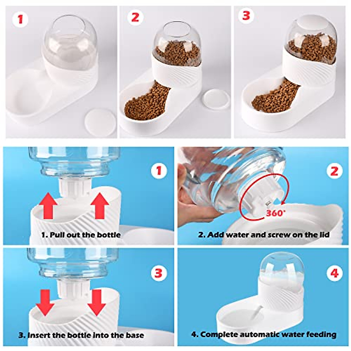 Automatic Gravity Cat Feeder & Water Dispenser 2 Pack in Set, Pet Gravity Self Feeding Bowl Station Dog Water Feeder 2L Waterer for Cats Small Medium Dog Puppy Kitten Squirrel Pets Animal