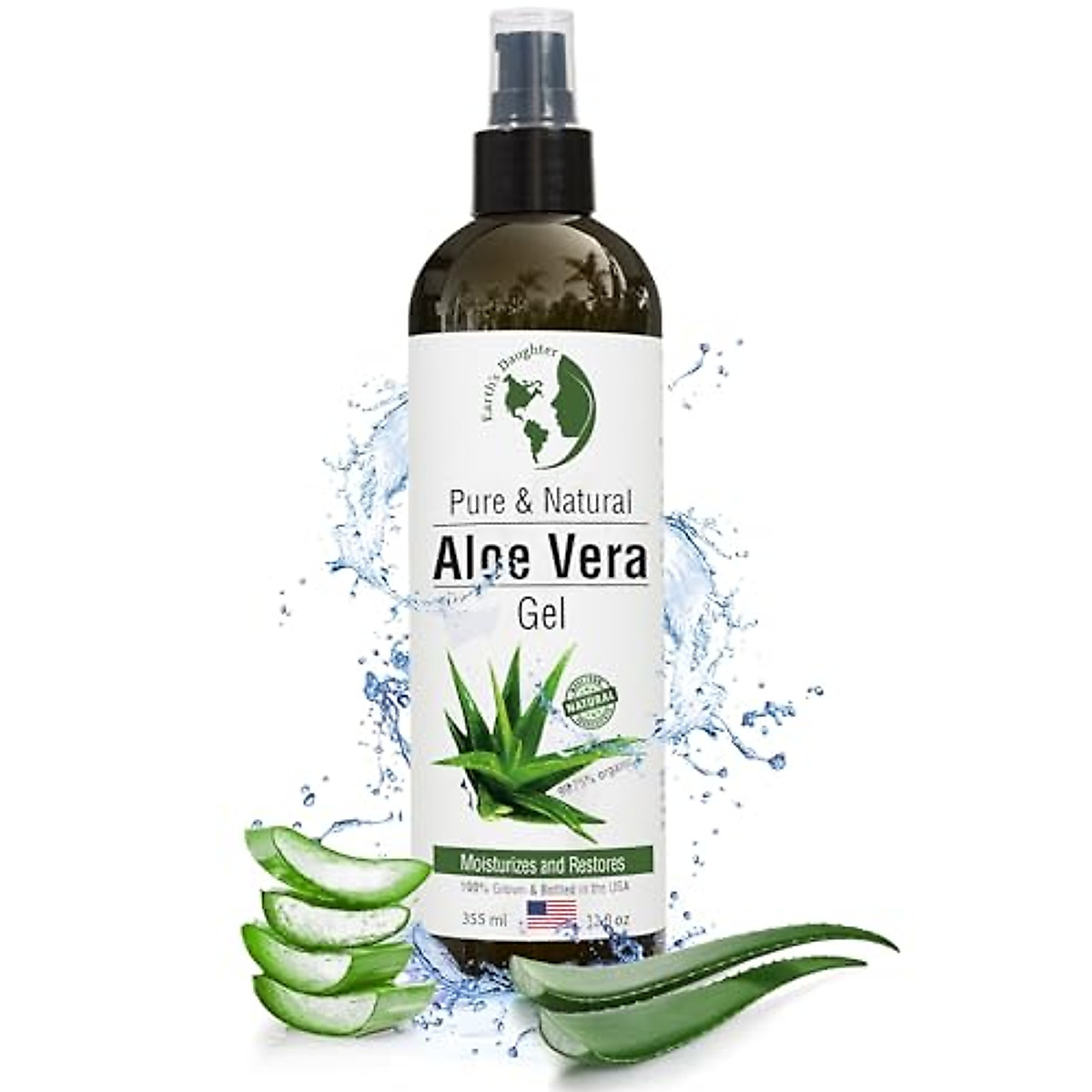 Earth's Daughter Organic Aloe Vera Gel from 100% Pure and Natural Cold Pressed Aloe – Moisturizes - Great for Face - Hair- Sunburn - Aftershave - Bug Bites - 12 oz.