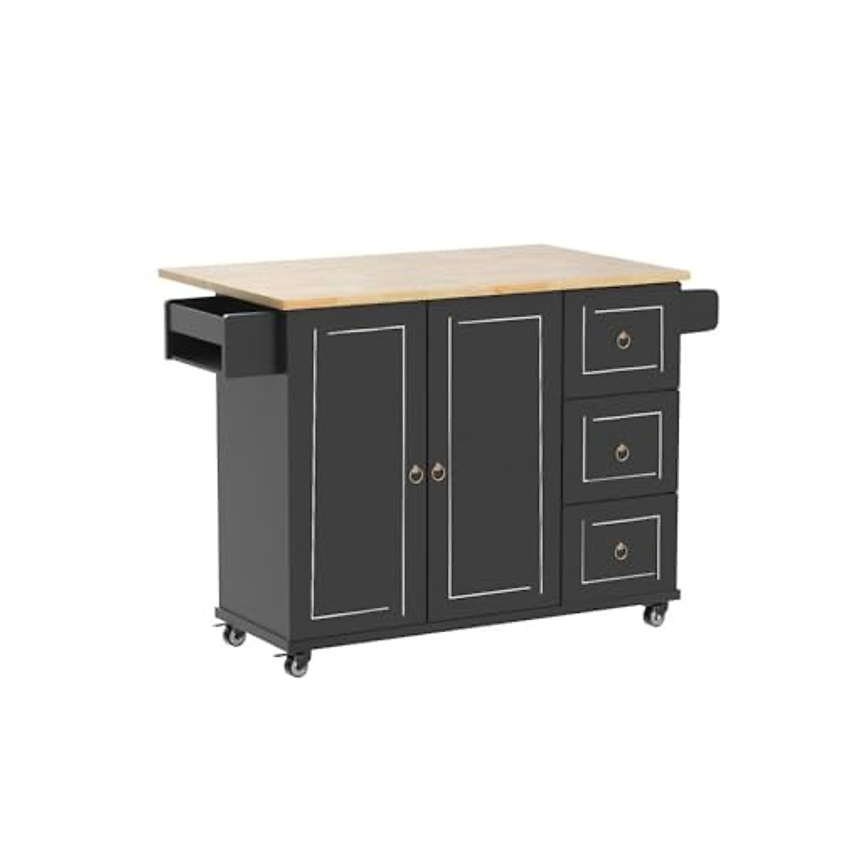 Qsun Kitchen Island with Storage on Wheels with Drop Leaf, Kitchen Island Cart with Rubber Wood Top, Large Storage Cabinet, Three Large Drawers, Side Towel Rack and Spice Rack (Black)