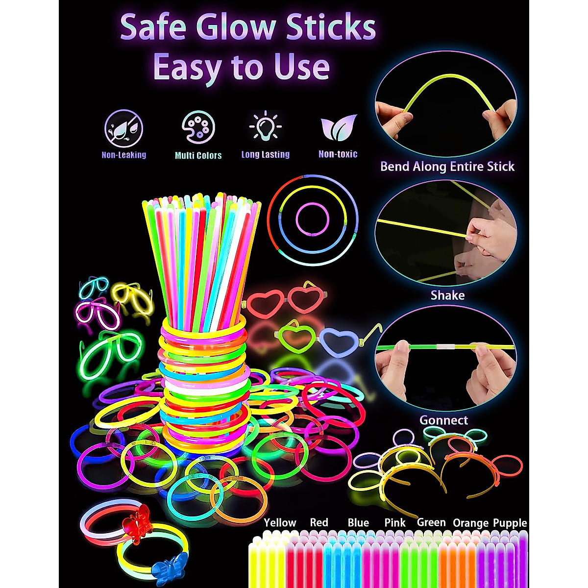 275 PCS Glow in the Dark Party Supplies for Kids Adults, Light Up Party Favors, Glow Sticks Bulk Party Pack Bracelets Finger Lights Glasses Headband LED Light Hair Wedding Birthday New Year Halloween
