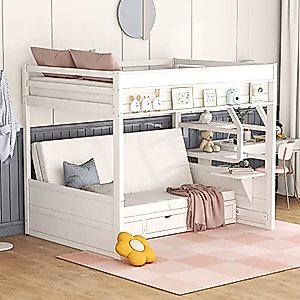 SOFTSEA Full Over Futon/Full Bunk Bed with Storage Staircases, Convertible Couch and Bed with Drawers, Wood Bunk Bed Frame for Kids Teens, No Box Spring Needed (White)