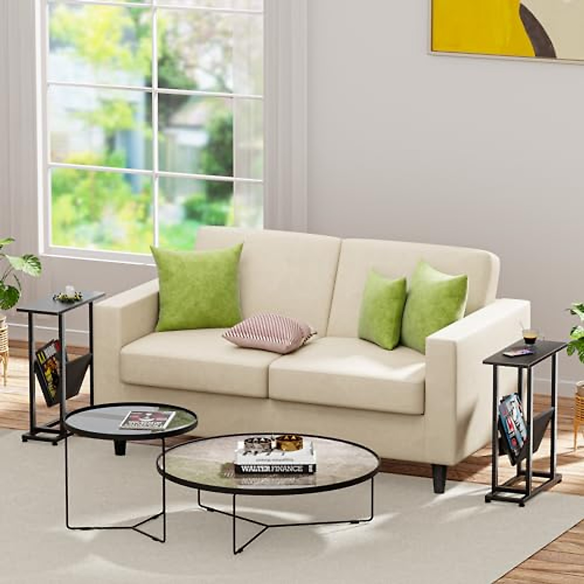 LAKEMID Narrow Side Table Set of 2, Skinny End Table with Magazine Holder, Thin Bedside Table for Small Spaces Living Room, Small Nightstands Bedroom, Black