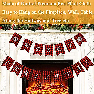 Jolik Merry Christmas Banner with Two Snowflake Flags - Buffalo Plaid Banner Decoration for Fireplace Wall Tree Christmas Decoration