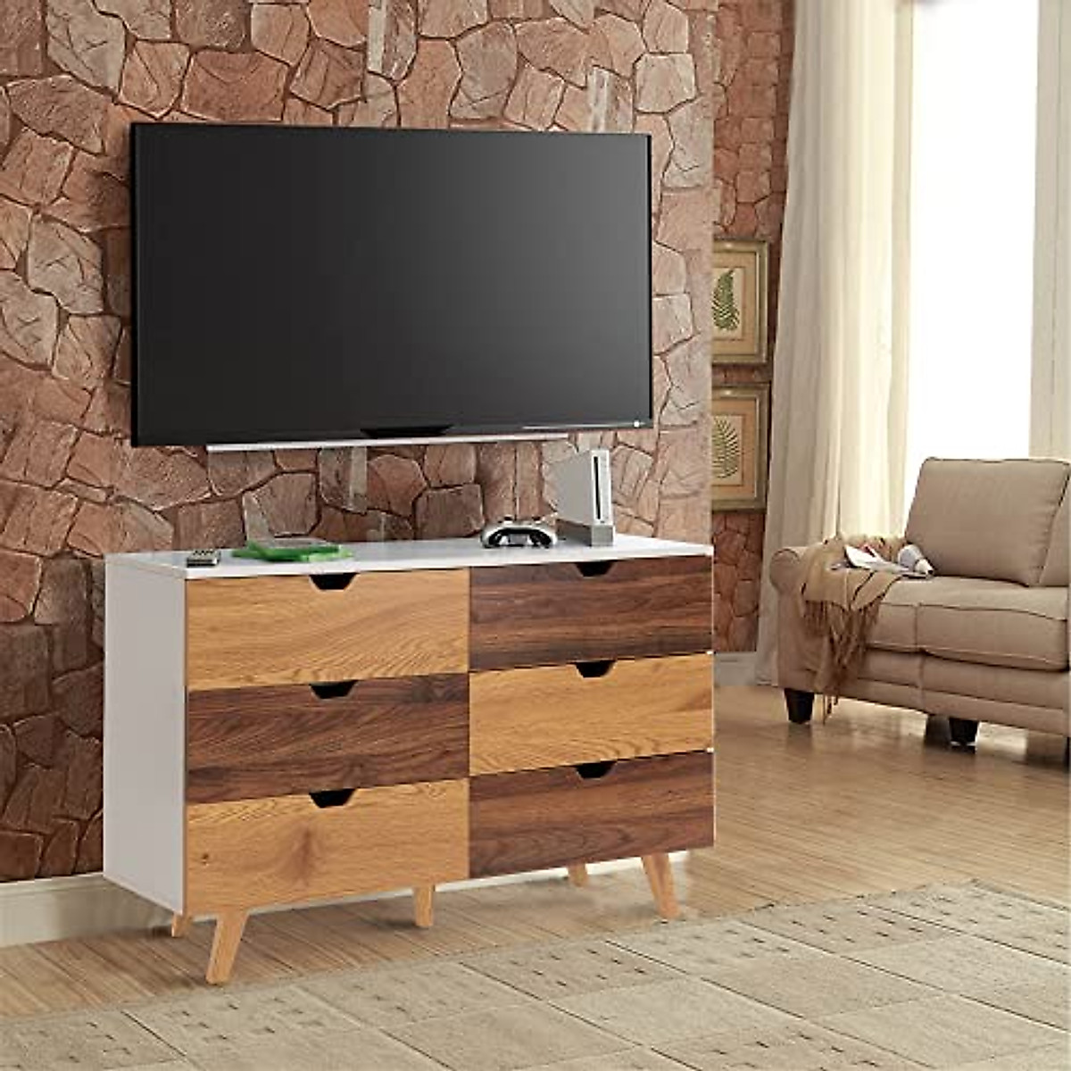 EazeHome 6 Drawer Dresser, Mid-Century Modern Dresser with Wide Double Drawer, 6 Chest of Drawers Wood Storage Cabinet for Bedroom, Living Room, Entryway