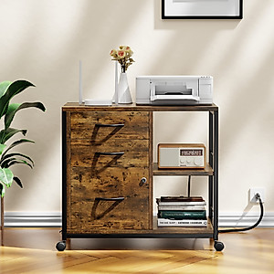 Himusi 3 Drawer Wood File Cabinet with Socket and USB Charging Ports for Home Office, Rolling Lateral Filing Cabinet with Locking Drawer for A4/Letter Size, Printer Stand with Storage, Rustic