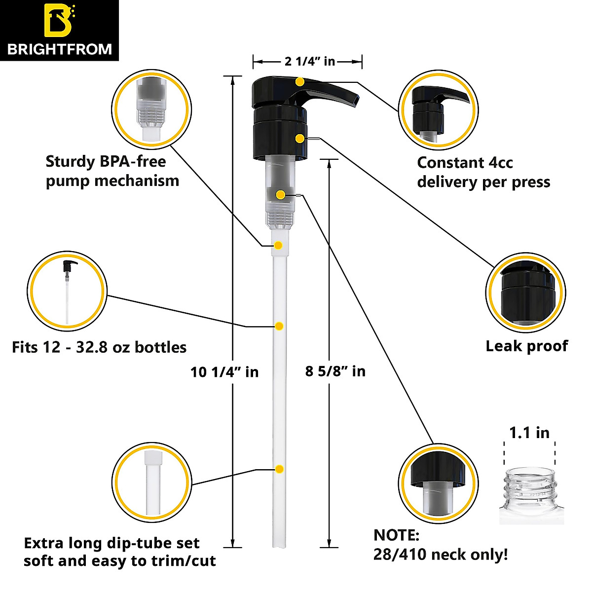 BRIGHTFROM Universal Dispensing Pump, Perfect for Shampoo & Conditioner 1L /33.8 OZ - Fits for Most Bottles or Any Refillable Bottles from 12oz to 33.8oz with 28/410 Neck Size, 2 Pack, White/Black