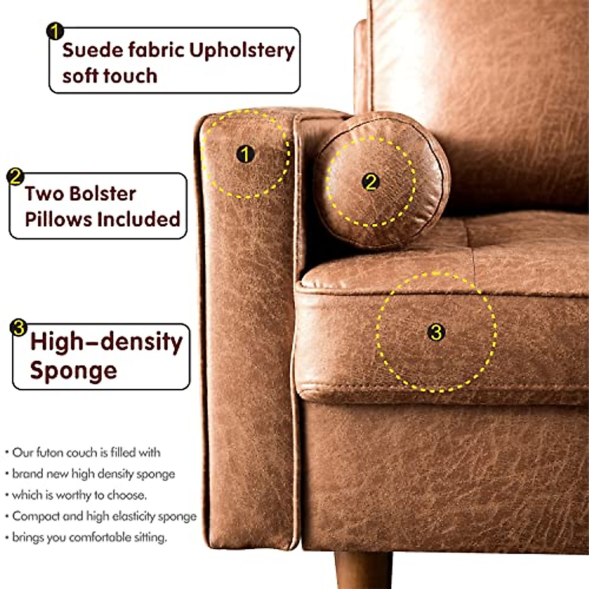 XIZZI Mid-Century Modern Living Room Loveseat Sofa Couch Fack Suede Fabric with Square Arm and Wood Grain Legs for Small Space, 69.68" W Brown