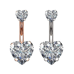 YHMM 14G Surgical Steel Belly Button Rings Double Heart Cubic Zirconia Navel Barbell Stud Body Piercing (A: Silver Tone)