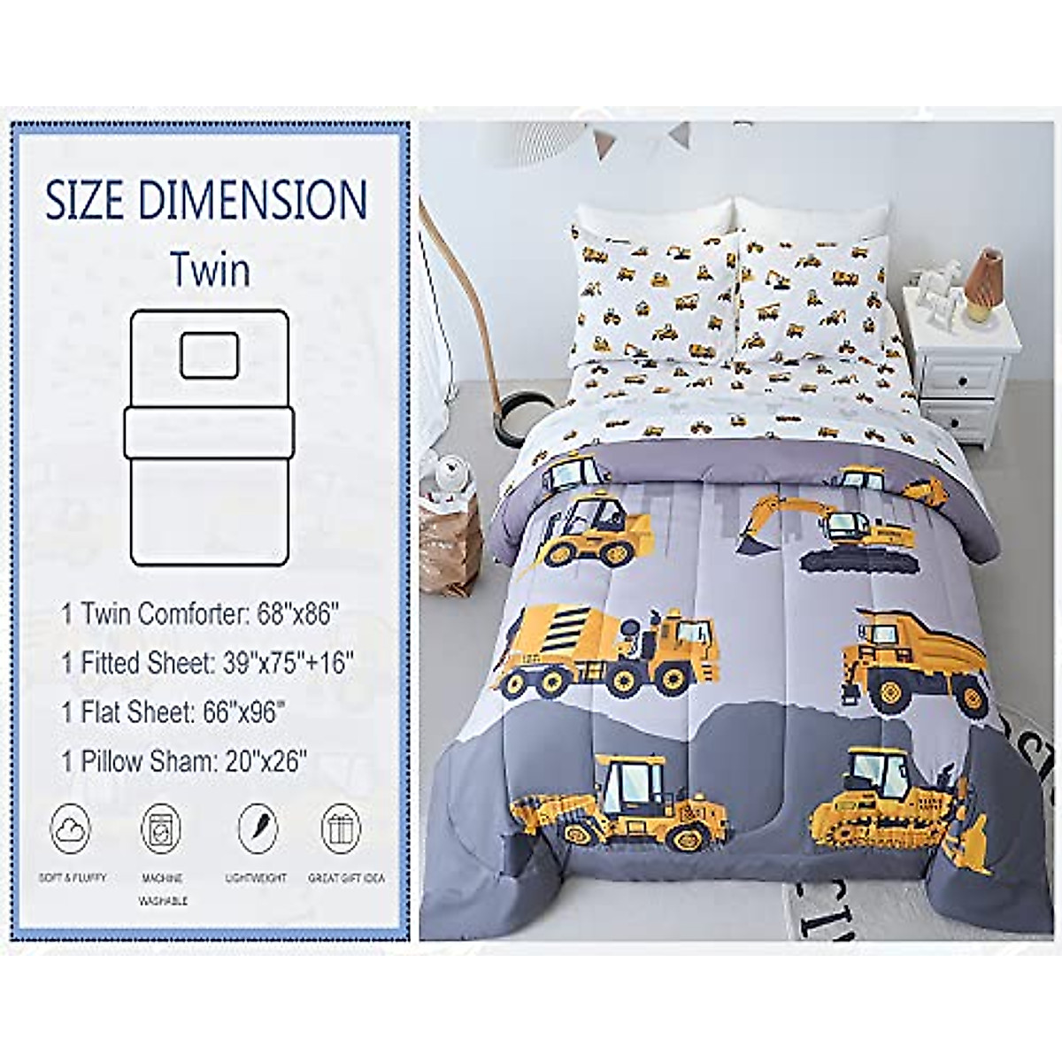 Cokouchyi 4-Pcs Construction Kids Bedding Set for Boys, Twin Size Comforter Set with Sheets and Pillowcase, 4-Pcs Soft Lightweight Bed in a Bag, Fluffy & Durable Children Bed Set, Cartoon Truck Cars