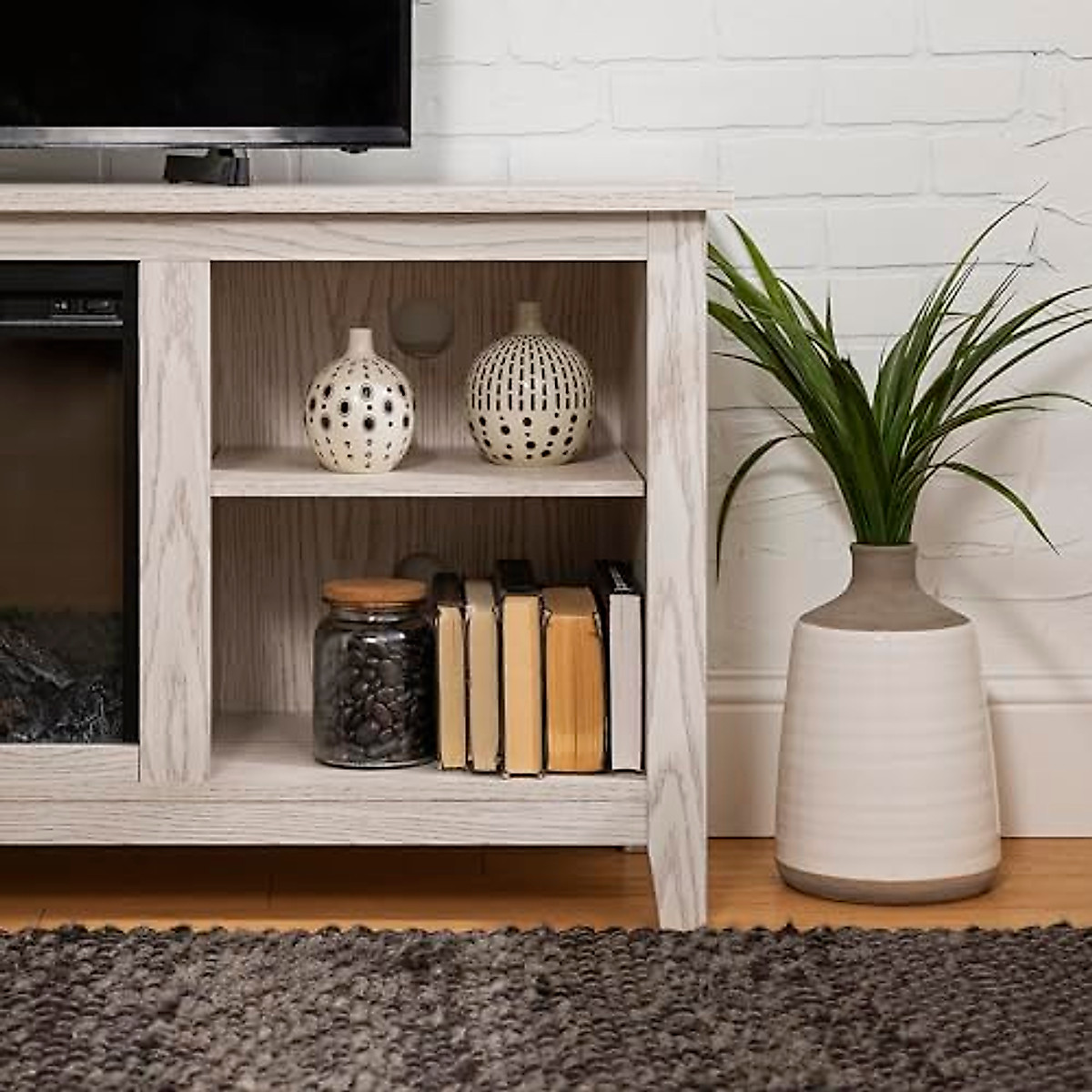 Walker Edison Wren Classic White Wash TV Console for 65 + Inch Television Fireplace Entertainment Center, 58 Inch