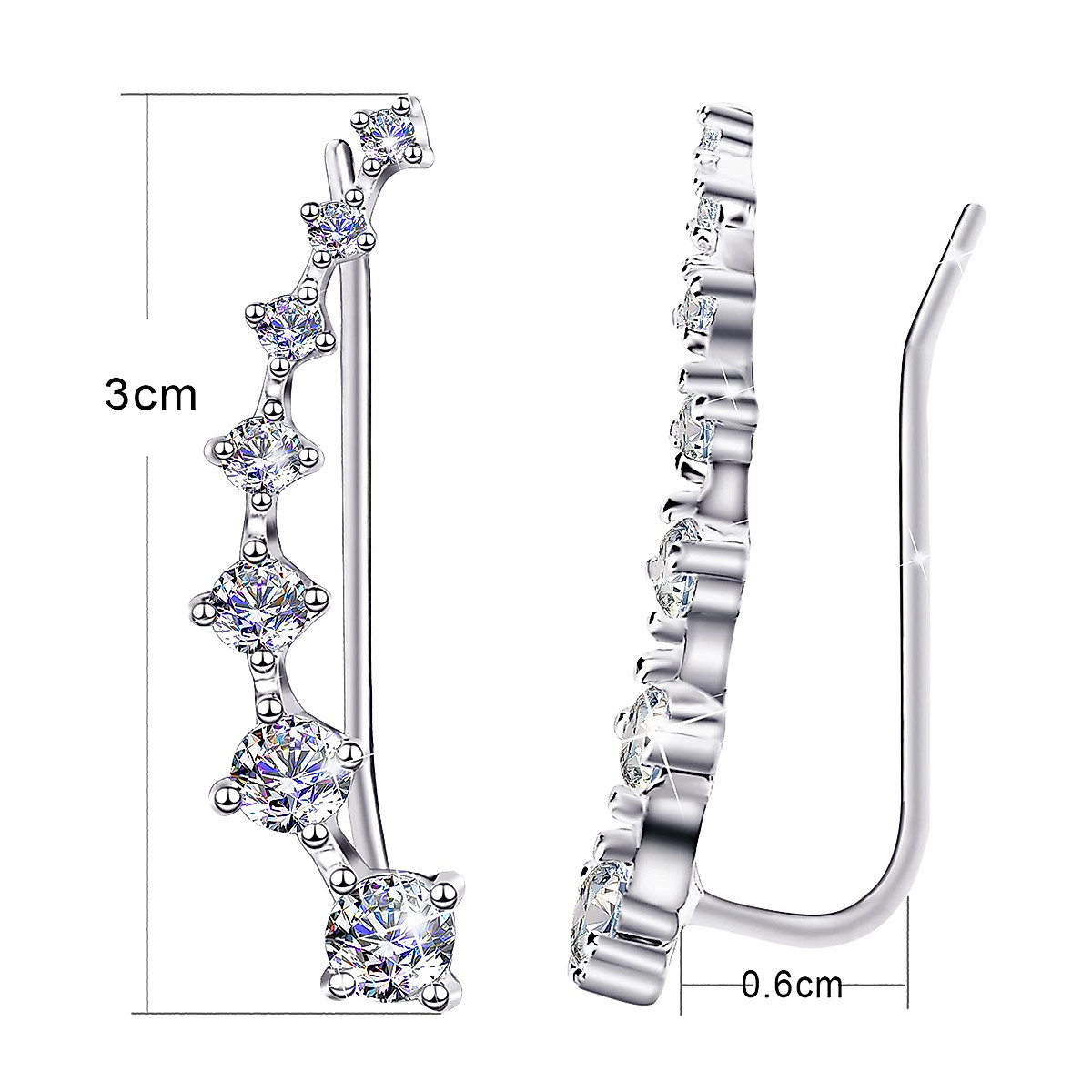 Earring for Women Cartilage 7 Crystals Ear Cuffs Hoop Climber S925 Sterling Silver Earrings with Cubic Zirconia CZ Hypoallergenic Piercing Gifts for Her
