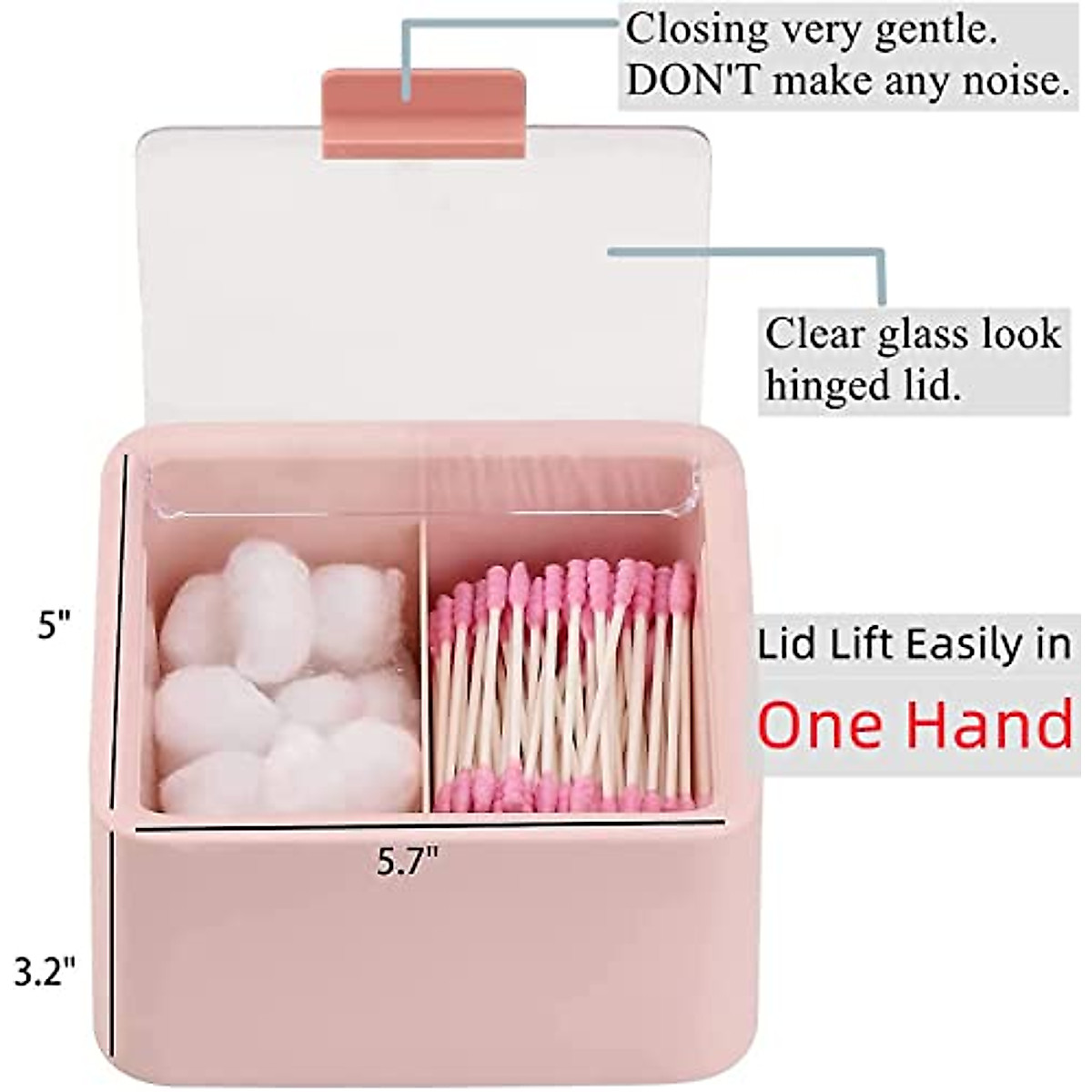 Tecbeauty Qtips Storage Organizer - 2 Grids Separate Cotton Swabs Dispenser Qtips Holder Bathroom Canisters with Hinged Lids for Cotton Balls, Cotton Pads, Pink