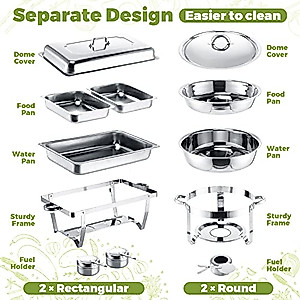 4 Pcs Chafing Dishes Buffet Set Stainless Steel Chafing Dishes 9.5 Qt Rectangular Chafers 3.7 Qt Round Buffet Warmers Set Silver Food Warm with Folding Frame for Banquet Party Catering Supplies