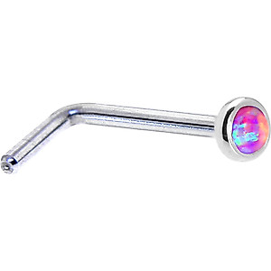 Body Candy Solid 14k White Gold 2mm Fuchsia Synthetic Opal L Shaped Nose Stud Ring 20 Gauge 1/4"