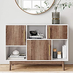 Nathan James Theo 6-Shelf Tall Bookcase, Wall Mount Bookshelf, Rustic Oak/White & Ellipse Multipurpose Storage Cabinet, Entryway Modern Buffet or Kitchen Sideboard with Glam Gold Brass Accent, White