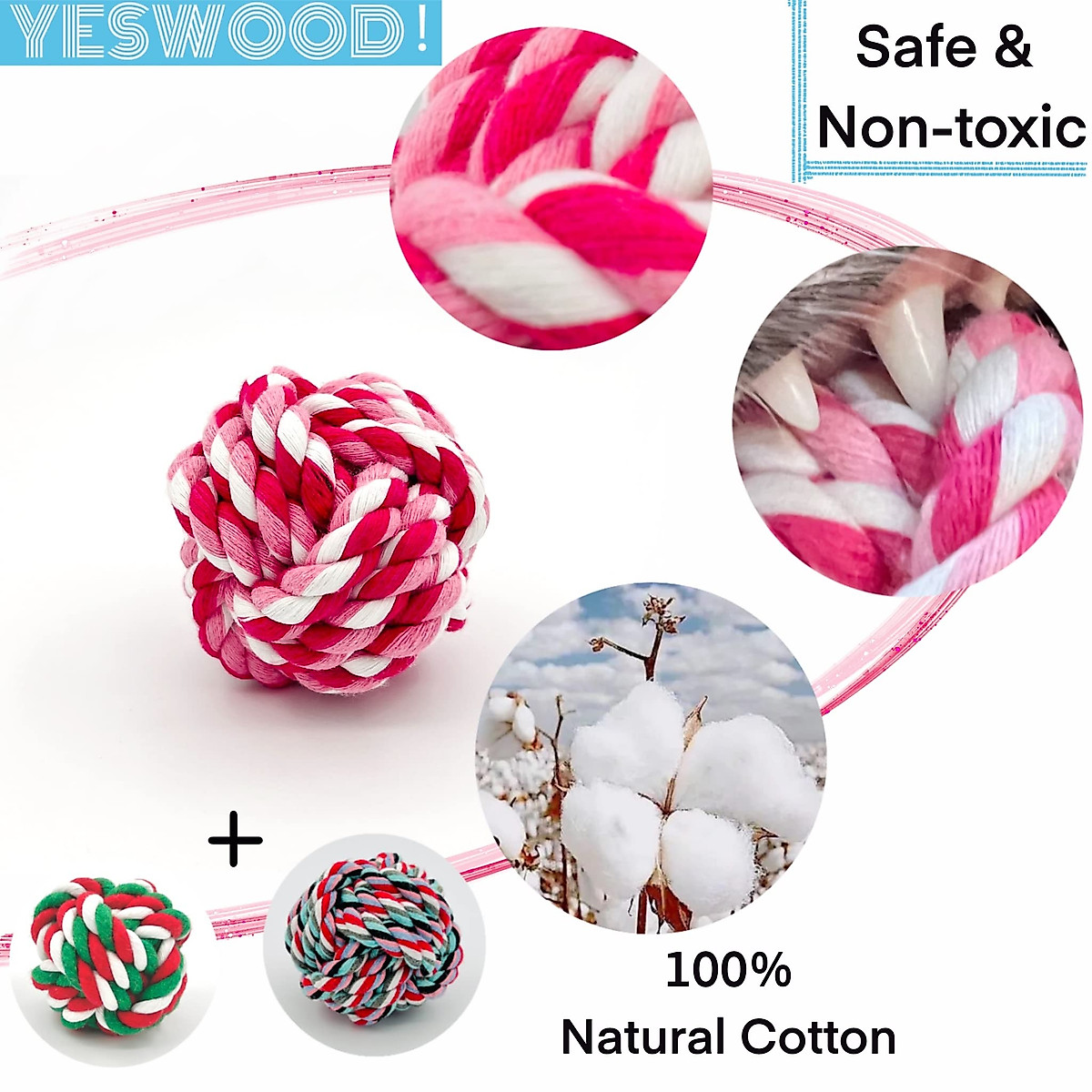 YESWOOD! Puppy Toys Small Rope Balls for Teething, Puppy Chew Pink Toy, Gift for Dogs,Pet Friendly Washable Dog Toy Rope Ball for Small and Medium Dogs(3-Packs)