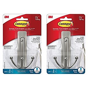 Command Large Double Bath Hook, Satin Nickel, 2-Hooks, 2-Large Water-Resistant Strips