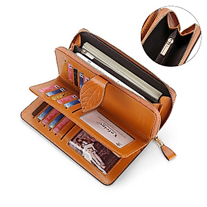 Yafeige Large Luxury Women's RFID Blocking Tri-fold Leather Wallet Zipper Ladies Clutch Purse(1-Waxed Brown)