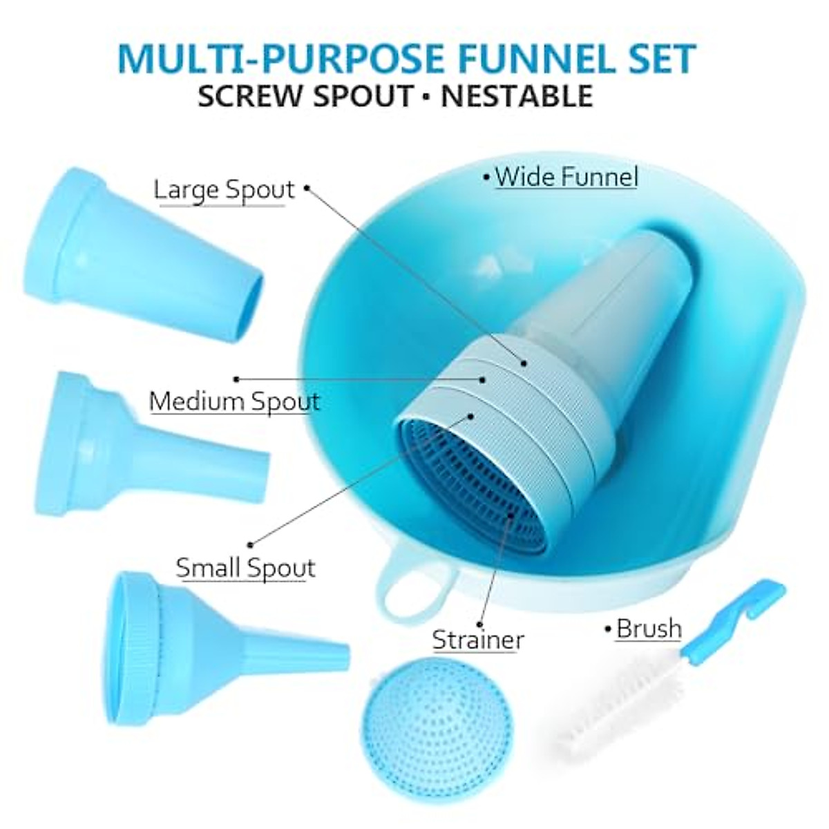 Delove 6-Piece Kitchen Funnel with Screw Spouts -Multi-Purpose Plastic Canning Funnels for Kitchen Use Filling Bottles Mason Jars- Wide Mouth Funnel Set with Strainer -Food Grade and BPA Free