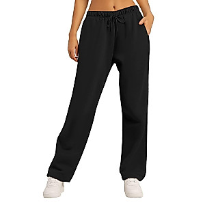 AUTOMET Women's Sweatpants Fleece Lined Baggy Open Bottom Sweat Pants Wide Straight Leg Yoga Joggers with Pockets Black S