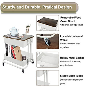 2 Tier Metal Utility Rolling Cart Storage Organizer with Cover Board, Mobile Trolley Sofa Side Table with Wheels for Office Home Kitchen Organization, White