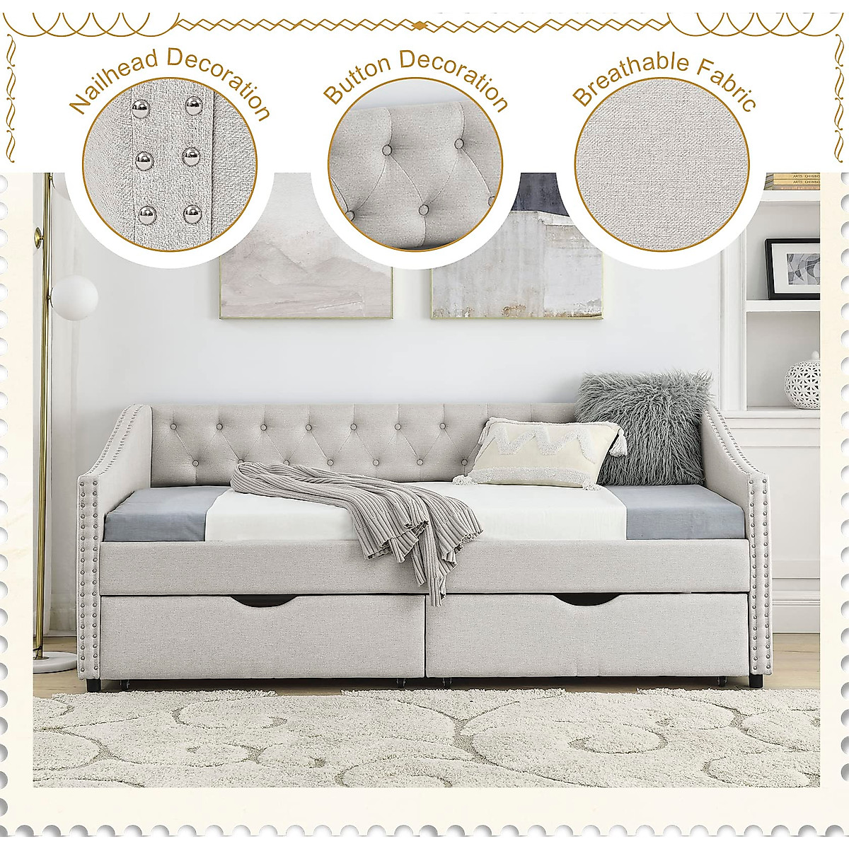 SmartDer Wood Twin Daybed, Day Bed Frame with 2 Storage Drawers, Upholstered Twin Bed Frame Sofa Couch with Button and Nailhead Design for Bedroom Guest Room, No Box Spring Needed, Beige