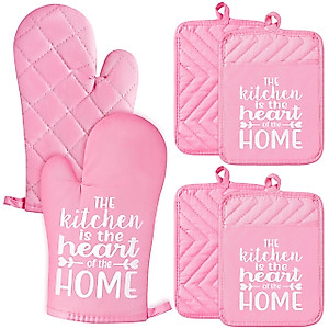GROBRO7 6Pcs Funny Oven Mitts Pot Holders The Kitchen is The Heart of The Home Heat Resistant Hot Pad Machine Washable Gloves with Hanging Loop Pocket Pot Holder for Baking Cooking Pink