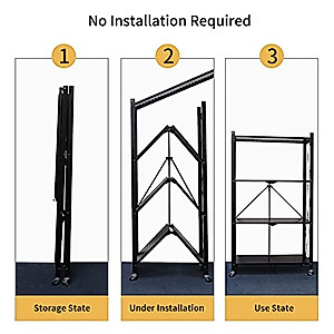 BENOSS Foldable Metal Storage Shelves with Wheels, Heavy-Duty Black Wire Rack Folding Storage Rack No Assembly, for Garage Kitchen Pantry Bedroom