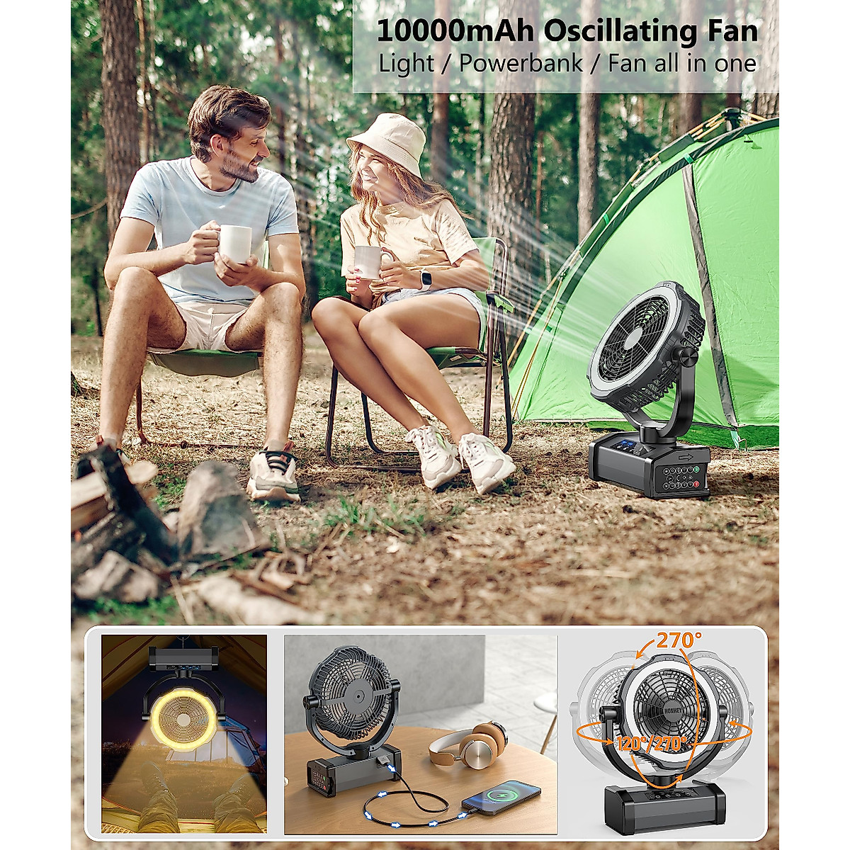 HonHey Portable Battery Operated Fan Camping Essentials, 10000mAh Rechargeable Fan with oscillation LED Light, 9 inch Outdoor Fan with Remote 270° Rotation 4 Speeds Personal Fan for Tent Picnic Travel