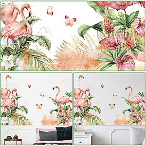RW-C328 Pink Flamingo Wall Decals Tropical Green Plants Flowers Wall Stickers DIY Removable Flamingo Floral Butterfly Tree Leaves Wall Art Decor for Kids Girls Bedroom Living Room Nursery Decoration
