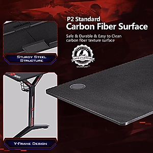 SEVEN WARRIOR Gaming Desk 55INCH with LED Lights & Power Outlets, Carbon Fiber Surface Computer Gamer Desk with Full Desk Mouse Pad, Ergonomic Y Shaped Leg Gamer Table with Monitor Stand