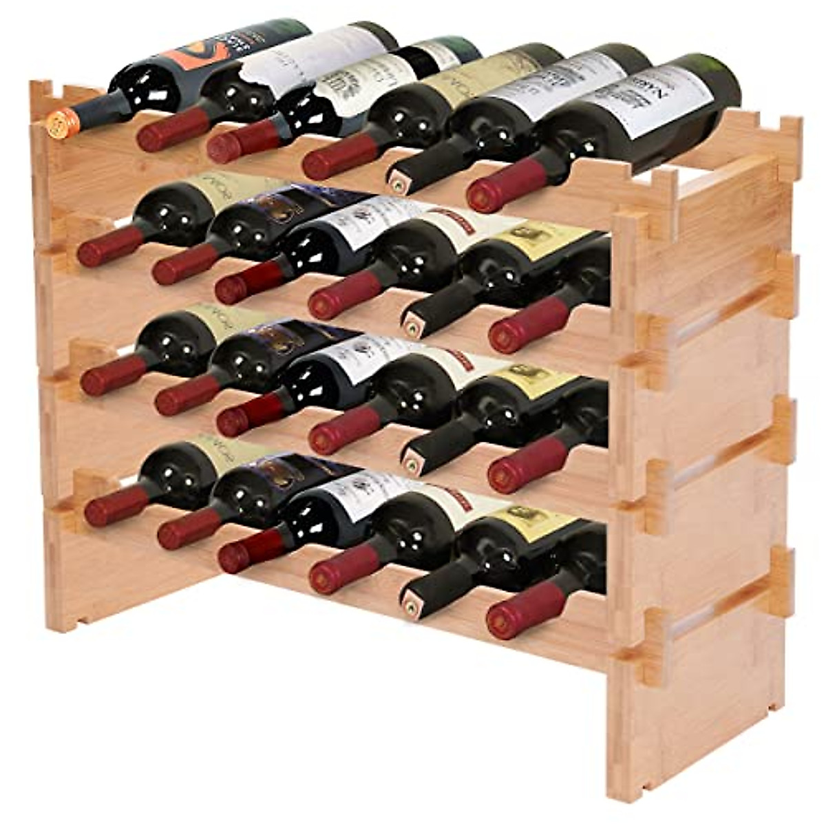Modular Stackable Bamboo Wooden Wine Rack; Easy to Assemble & Add Levels; Bottles Rest Slanting Downwards to Keep Corks Moist; for Kitchen, Pantry, Cellar Storage (24 Bottle Capacity, 6 x 4 Rows)