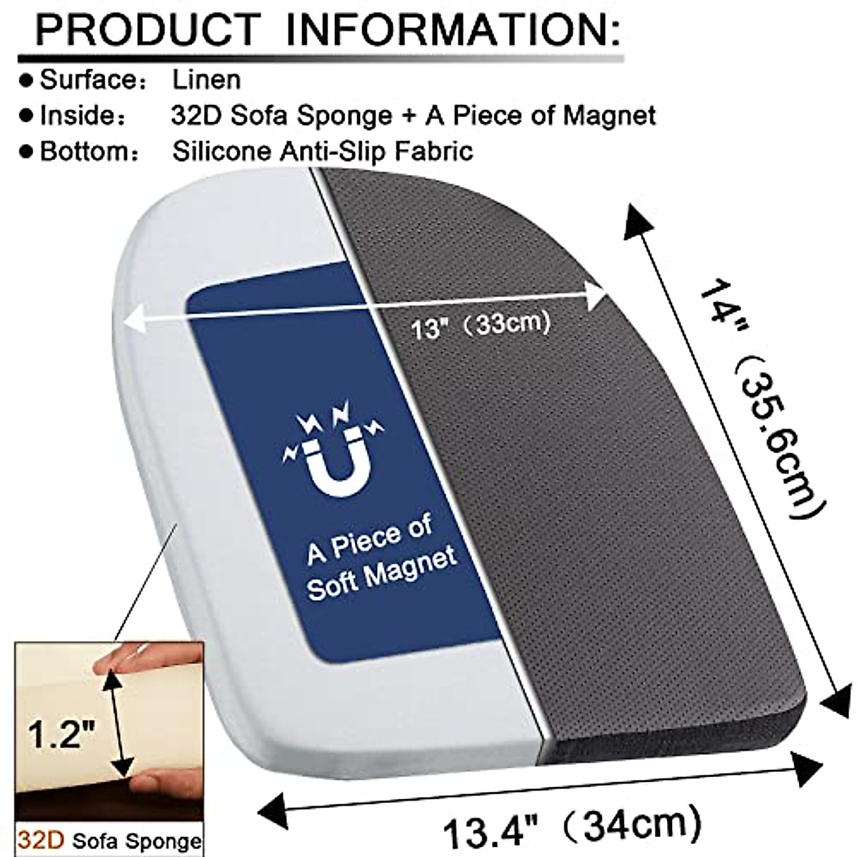 BUYUE Natural Linen 14x14 Magnetic Cushions for Metal Chair Set of 4, Enhanced Anti-Slip Seat Pads for Dining Kitchen Café Stackable Chairs (U-Shape, Black, 4 Counts)