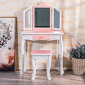 GAOMON Kids Vanity, Girls Vanity Table with Tri-Folding Mirror,Stool & Drawer, 2 in 1 Wooden Princess Makeup Desk Dressing Table, Toddler Vanity,Pretend Play Vanity Set for Kids