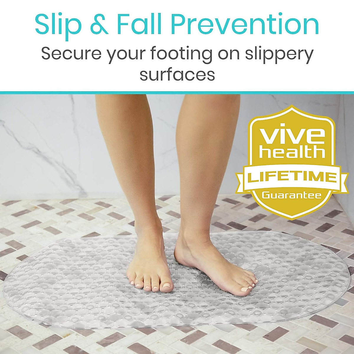 Vive Oval Bathtub Mat - Nonslip Shower Floor Pad - Non-Slip and Non-Skid for Bath Tub with Strong Rubber Suction Cup Grip - for Baby, Elderly, Kids, Bathroom (Gray)