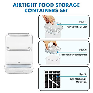 OMNISAFE Airtight Food Storage Container Set, 7Pcs Kitchen & Pantry Organization Containers, BPA Free Clear Plastic Canisters for Cereal, Sugar & Dry Food with Easy Lock Lid, Include 9 Labels,