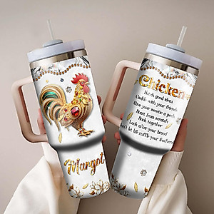 WAZONE Personalized A Chicken Tumbler 40oz with Handle and Straw Stainless Steel Jewelry Style Hen Rooster For Chickens Lovers Men Women Poultry Custom Gift Farm Animal