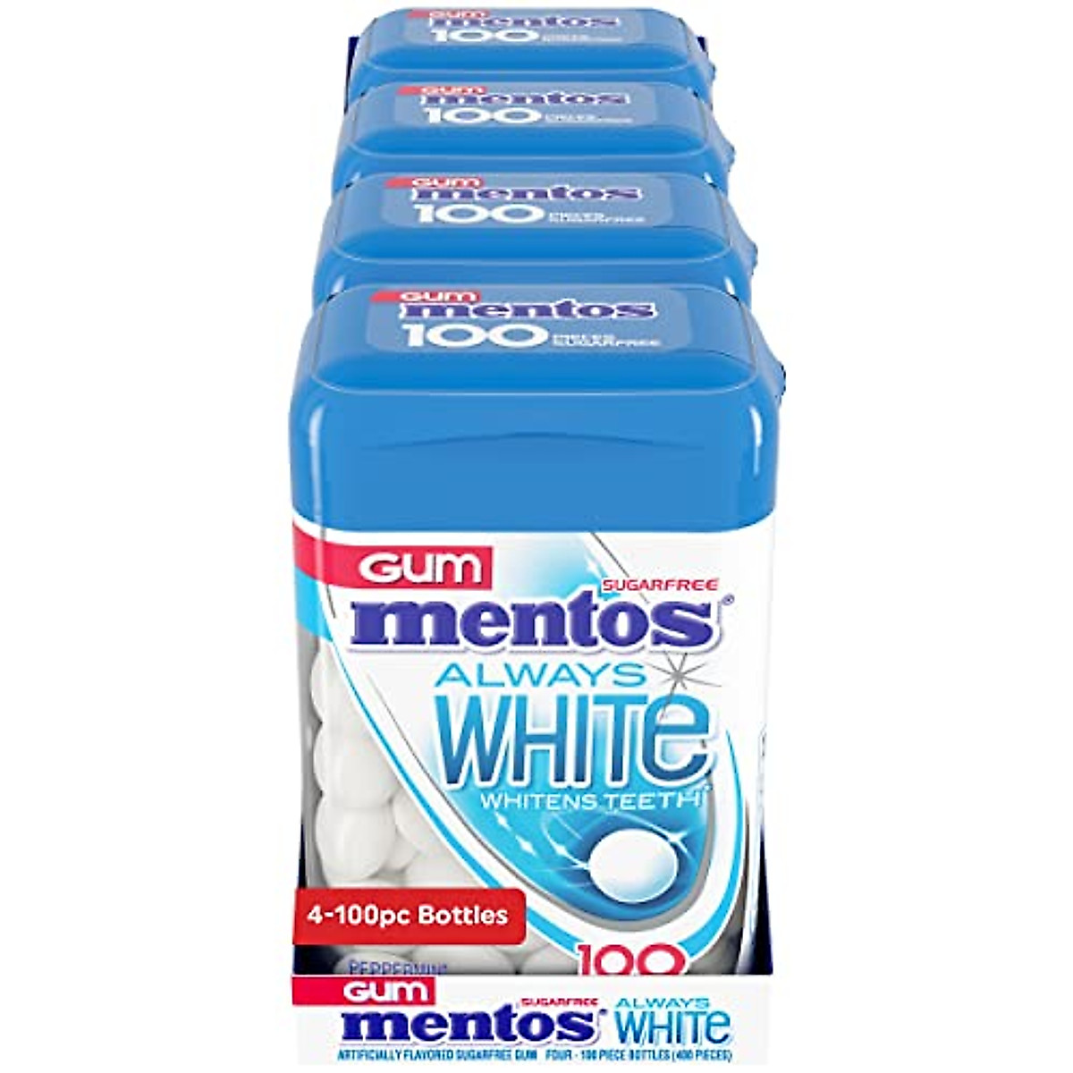 Mentos Always White Sugar-Free Chewing Gum with Xylitol, Peppermint, 100 Piece Bottle (Pack of 4)
