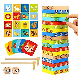 TOOKYLAND Colored Wooden Blocks Stacking Board Games Tumble Tower Games with Animal Pictures for Kids Boys Girls - 80 Pieces